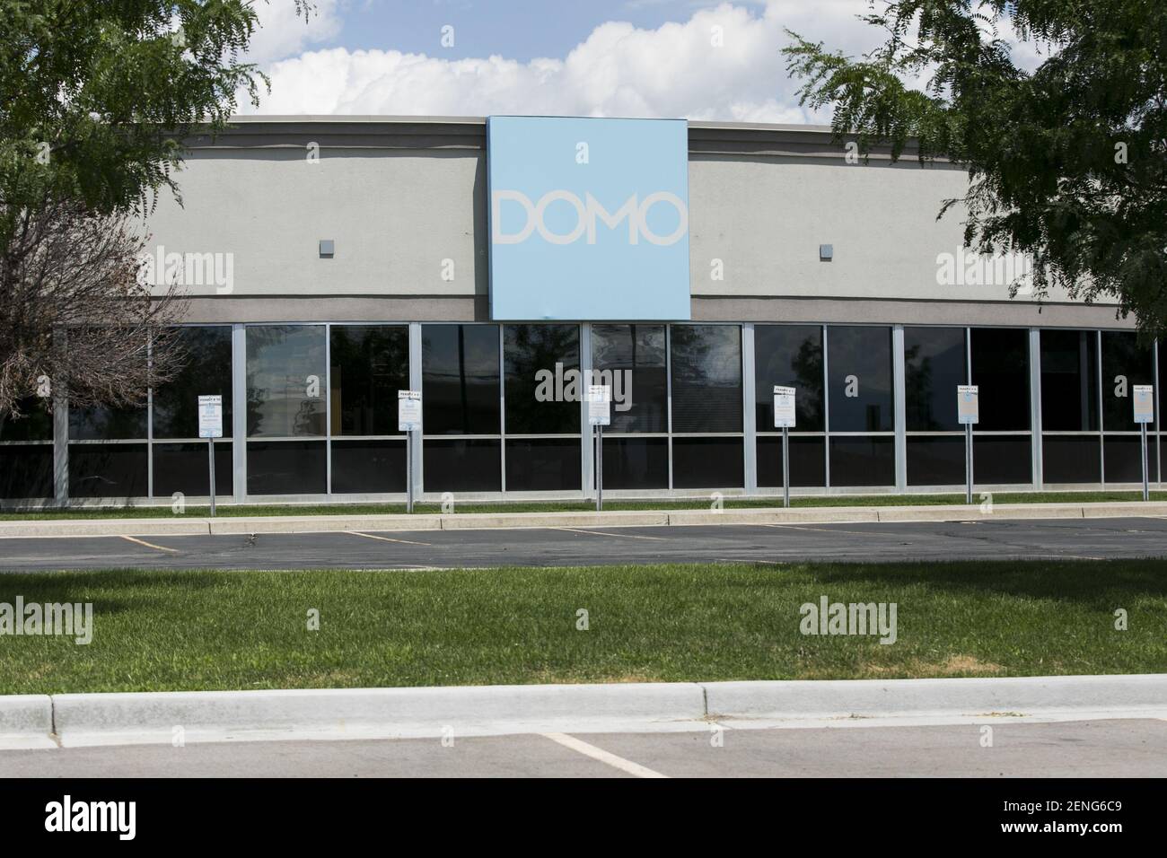 A logo sign outside of the headquarters of Domo, Inc., in American Fork ...