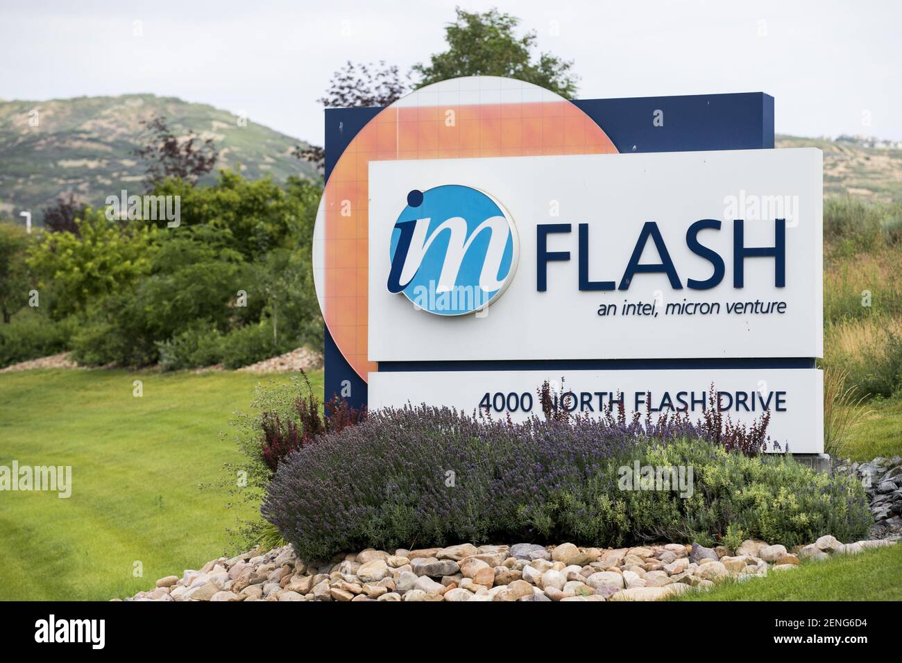 A logo sign outside of the headquarters of IM Flash Technologies in Lehi, Utah on July 27, 2019 ...