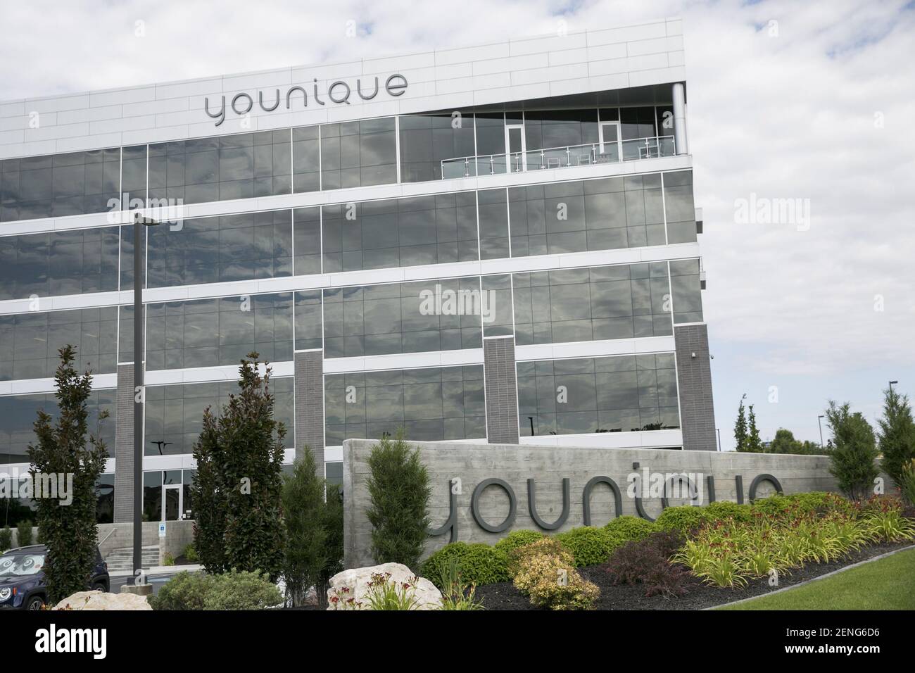 A logo sign outside of the headquarters of Younique in Lehi, Utah on July 27, 2019. (Photo by ...