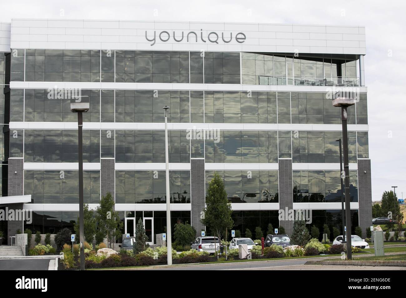 A logo sign outside of the headquarters of Younique in Lehi, Utah on July 27, 2019. (Photo by ...