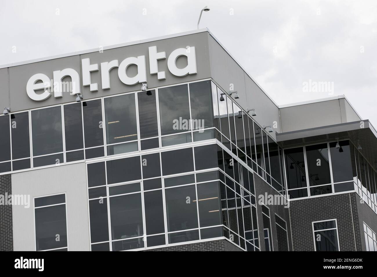 A logo sign outside of the headquarters of Entrata, Inc., in Lehi, Utah ...