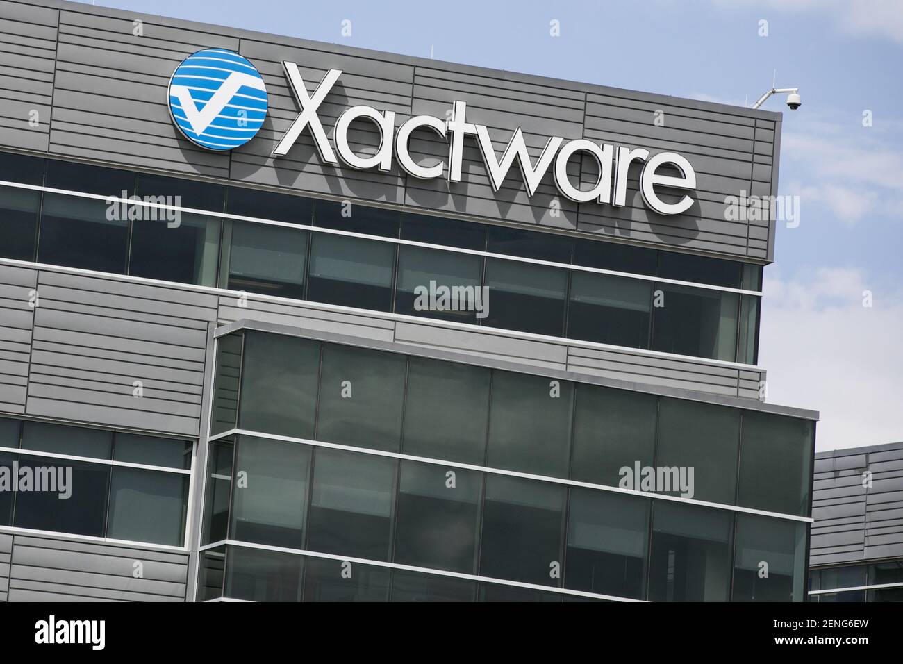 A logo sign outside of the headquarters of Xactware in Lehi, Utah on ...