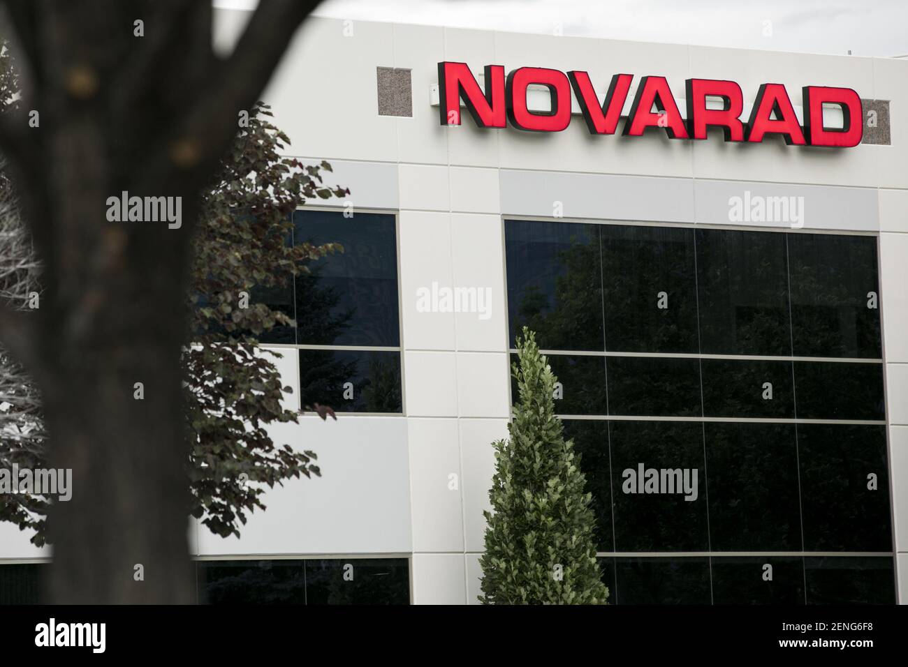 A logo sign outside of the headquarters of Novarad in American Fork ...