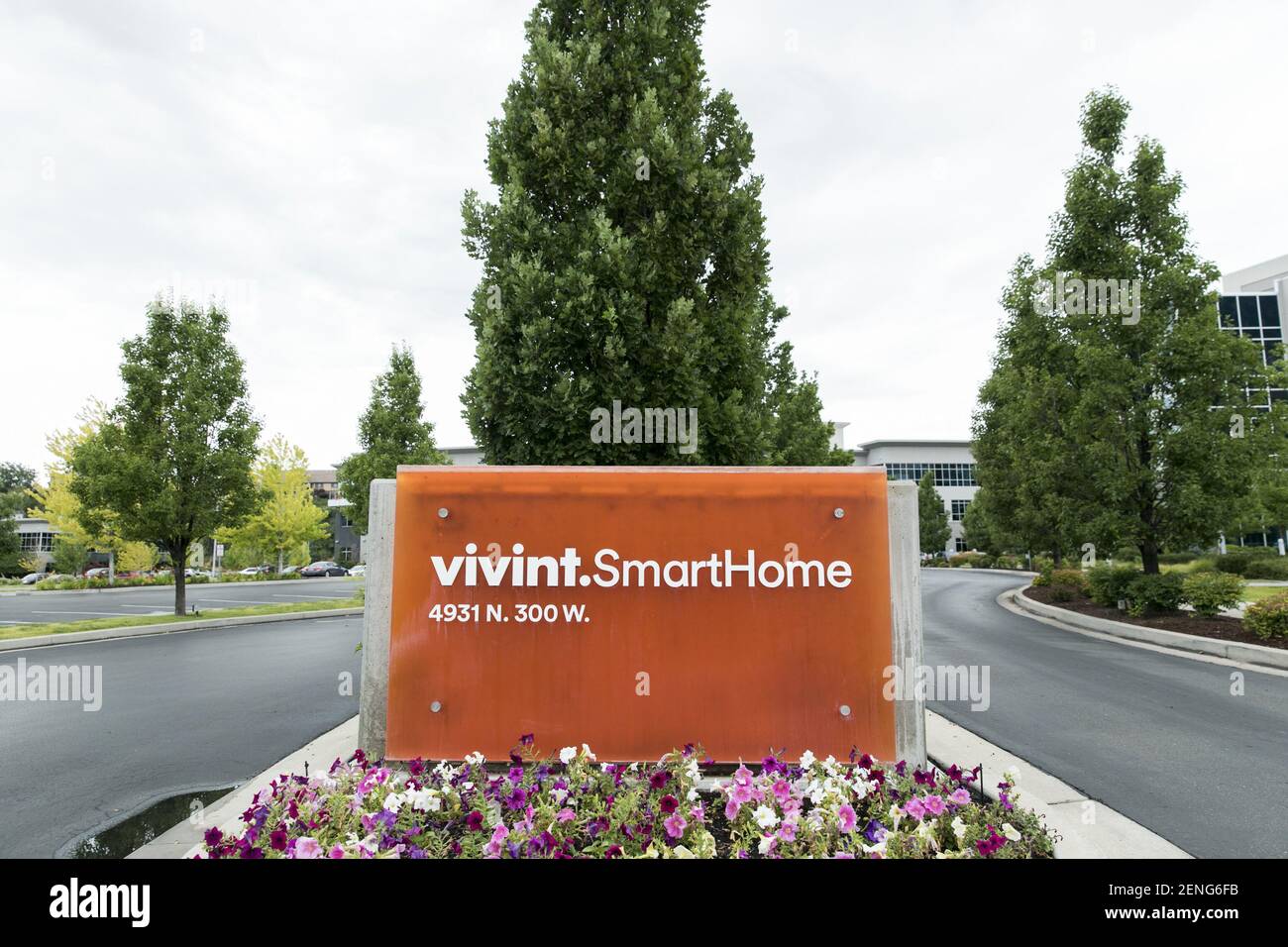 A logo sign outside of the headquarters of Vivint Smart Home in Provo ...