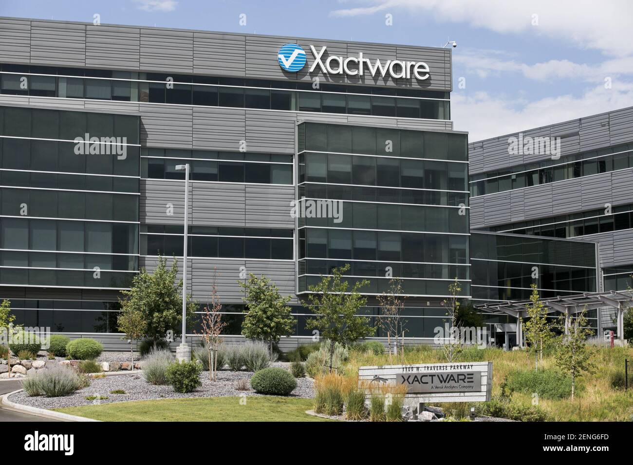 A logo sign outside of the headquarters of Xactware in Lehi, Utah on July 27, 2019. (Photo by ...