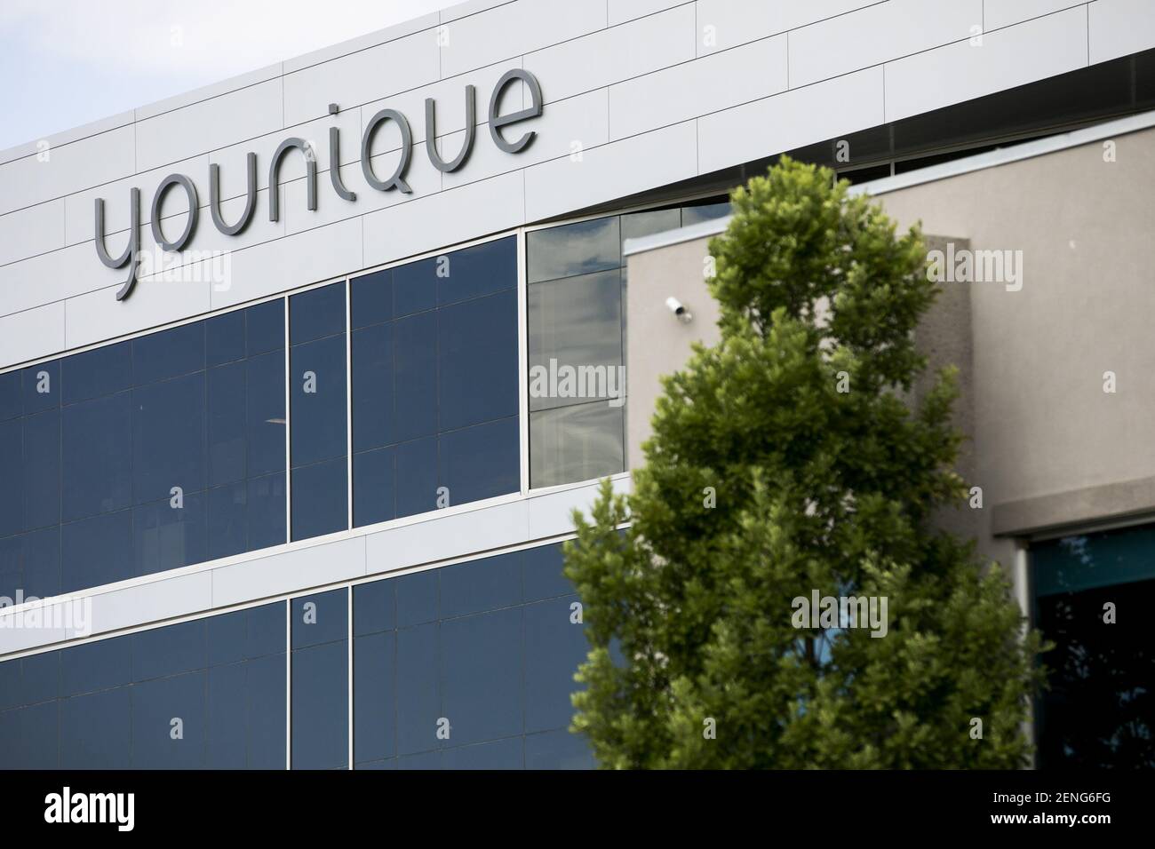 A logo sign outside of the headquarters of Younique in Lehi, Utah on July 27, 2019. (Photo by ...