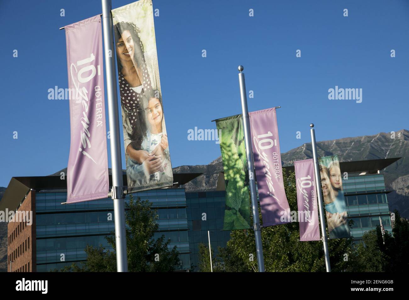 A logo sign outside of the headquarters of doTerra in Pleasant Grove ...