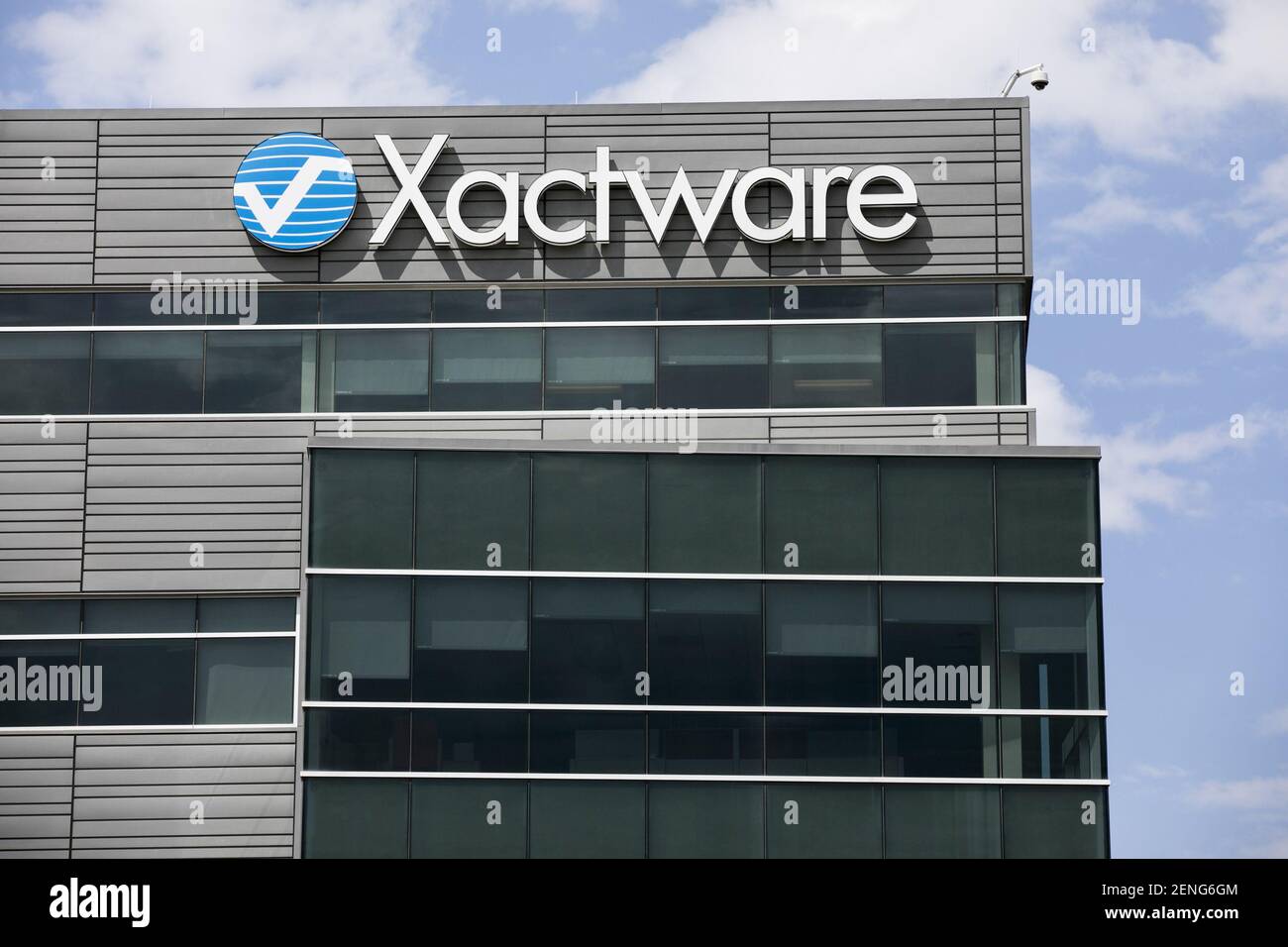 A logo sign outside of the headquarters of Xactware in Lehi, Utah on ...