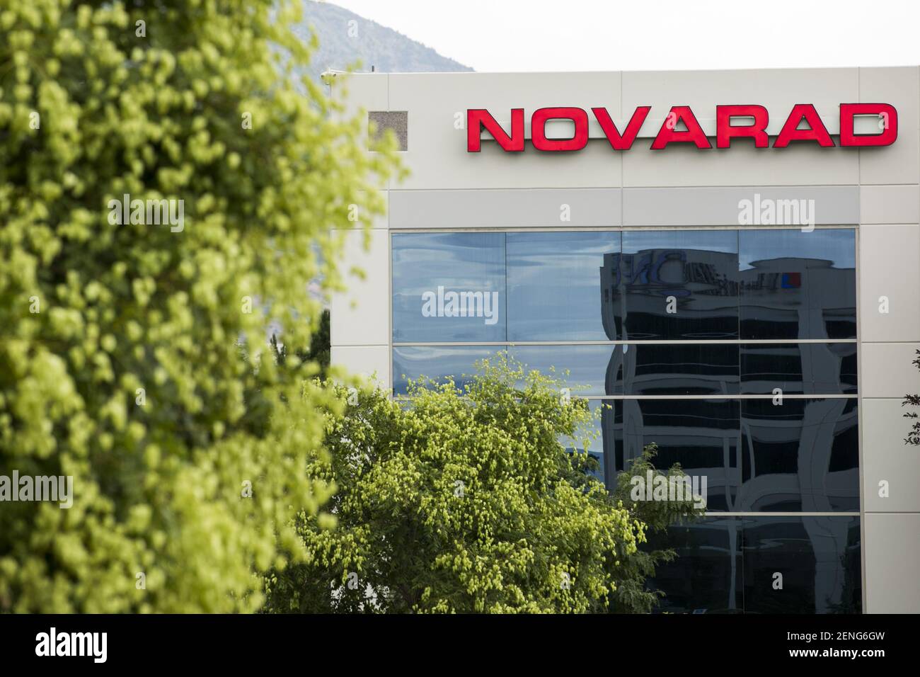 A logo sign outside of the headquarters of Novarad in American Fork ...