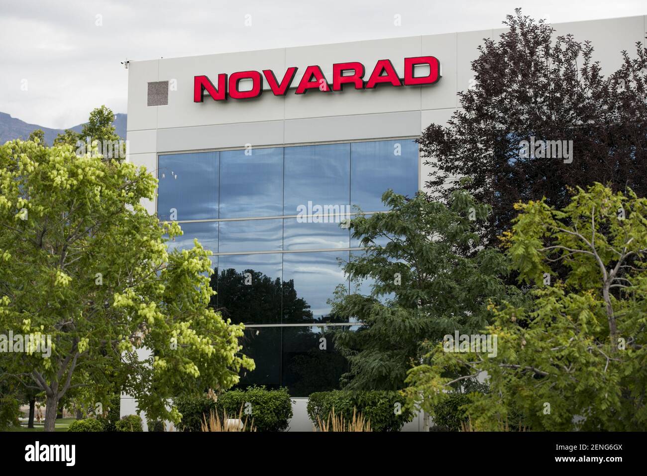 A logo sign outside of the headquarters of Novarad in American Fork ...