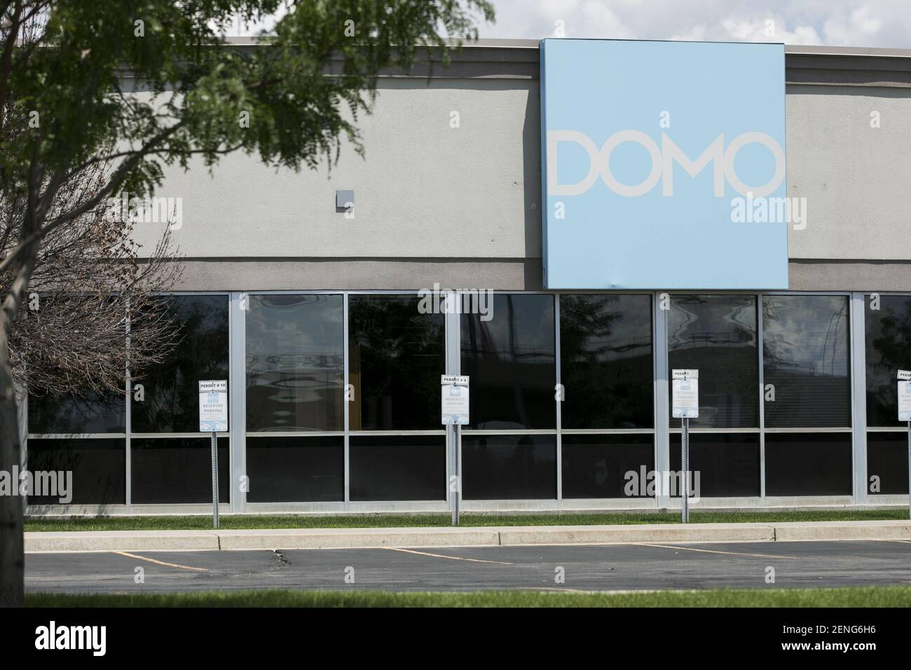 A logo sign outside of the headquarters of Domo, Inc., in American Fork ...