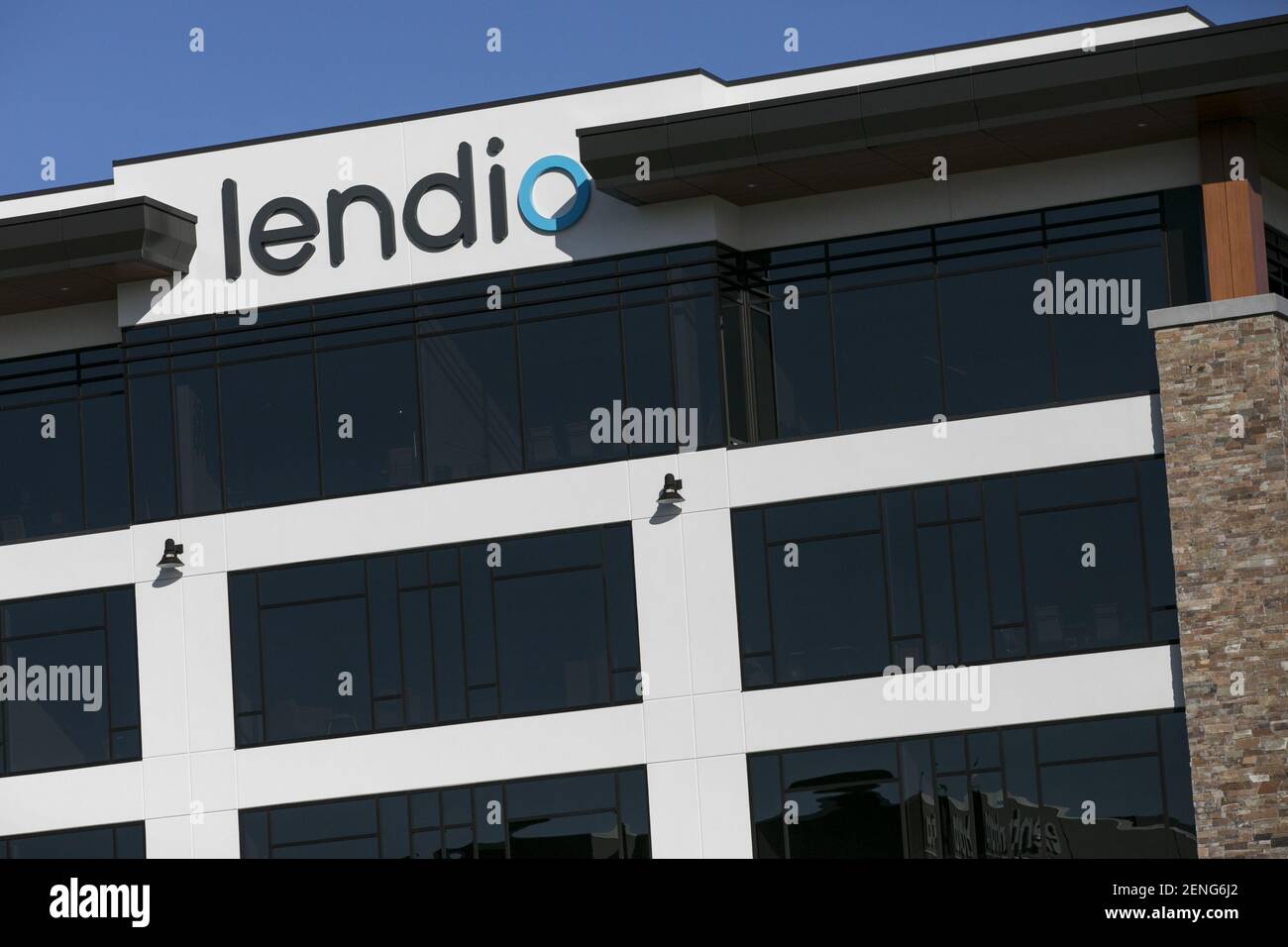 A logo sign outside of the headquarters of Lendio in Lehi, Utah on July 27, 2019. (Photo by ...