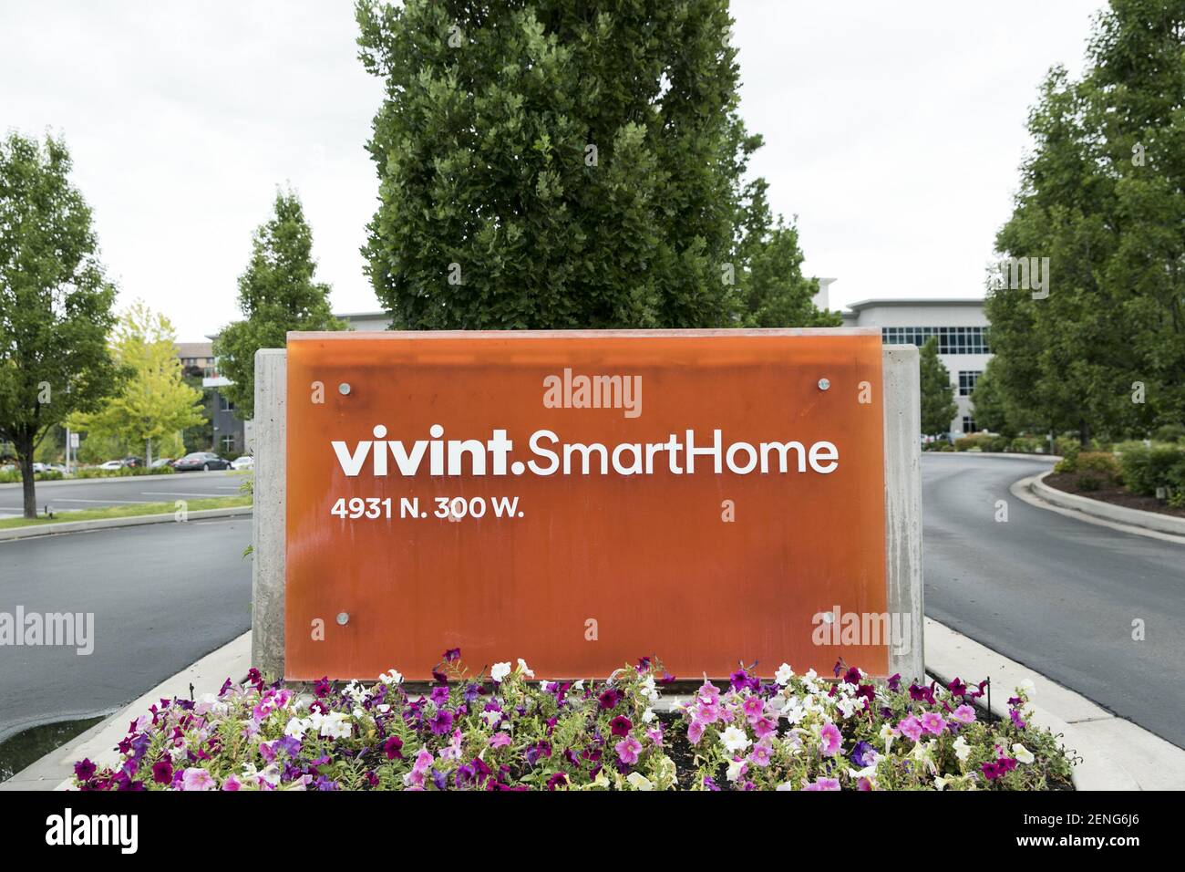A logo sign outside of the headquarters of Vivint Smart Home in Provo ...