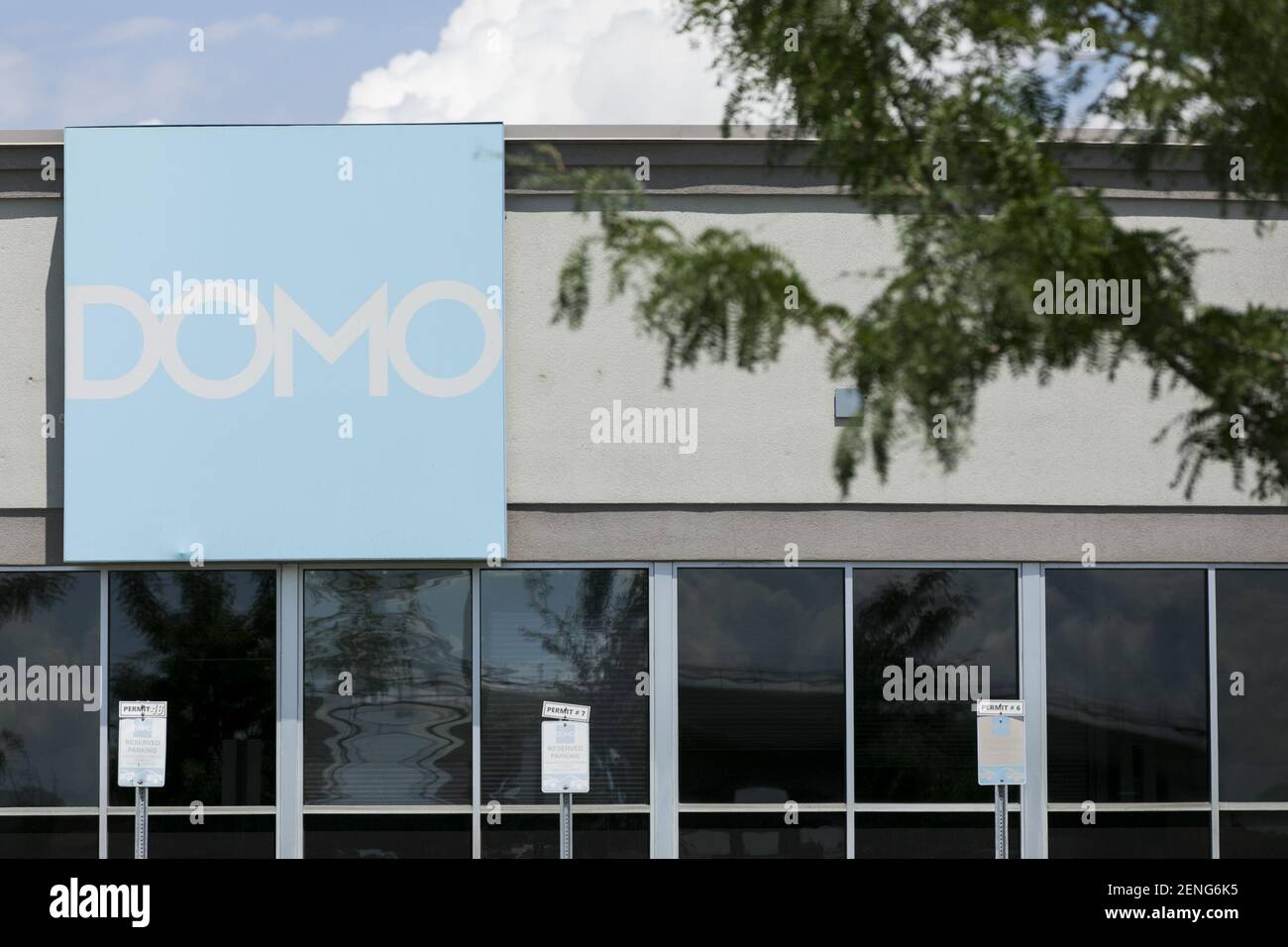 A logo sign outside of the headquarters of Domo, Inc., in American Fork ...
