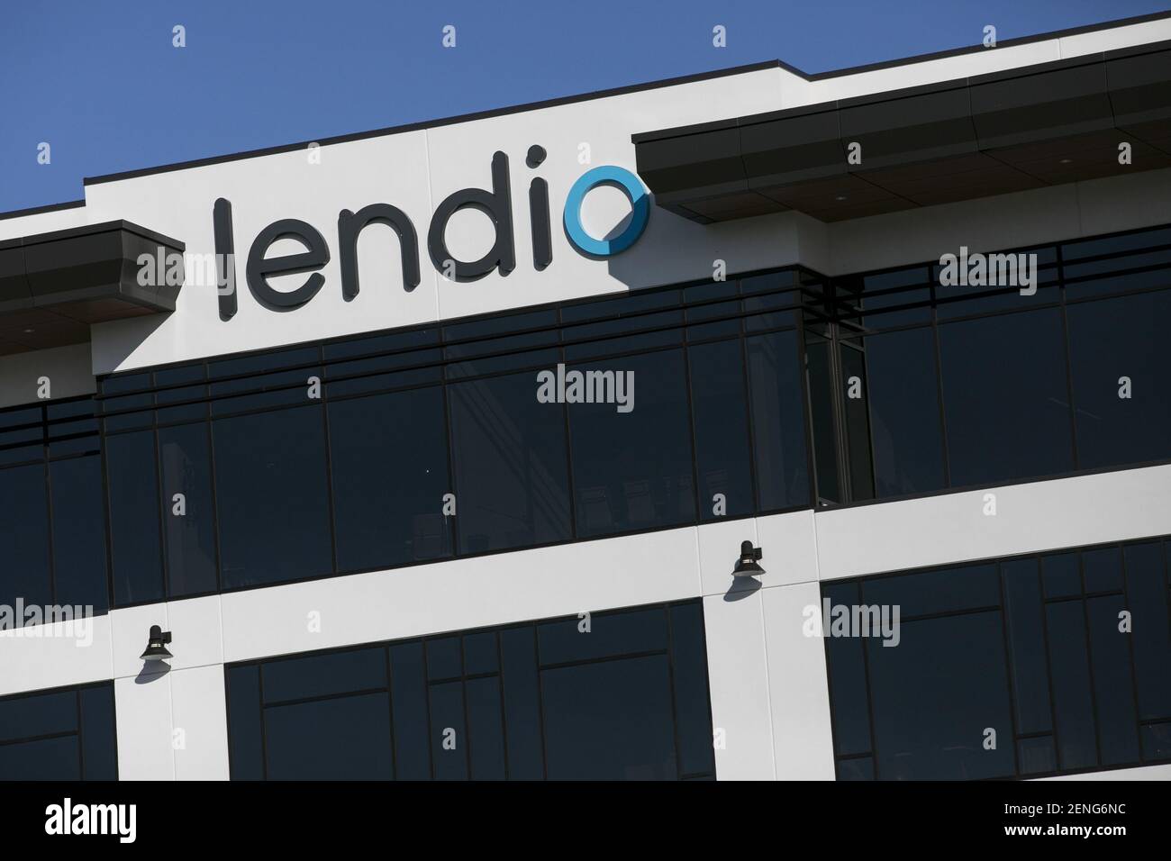 A logo sign outside of the headquarters of Lendio in Lehi, Utah on July 27, 2019. (Photo by ...