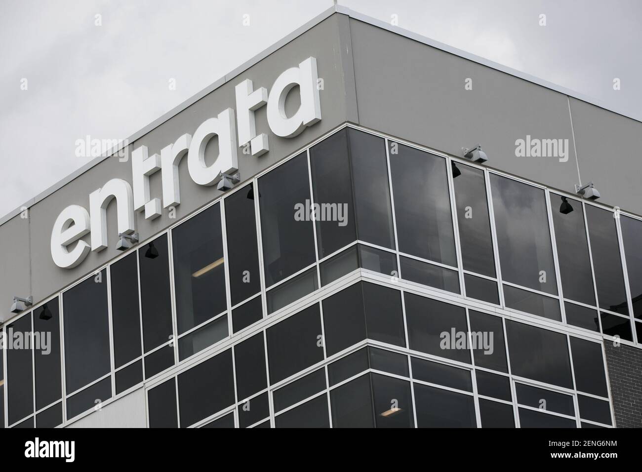 A logo sign outside of the headquarters of Entrata, Inc., in Lehi, Utah ...