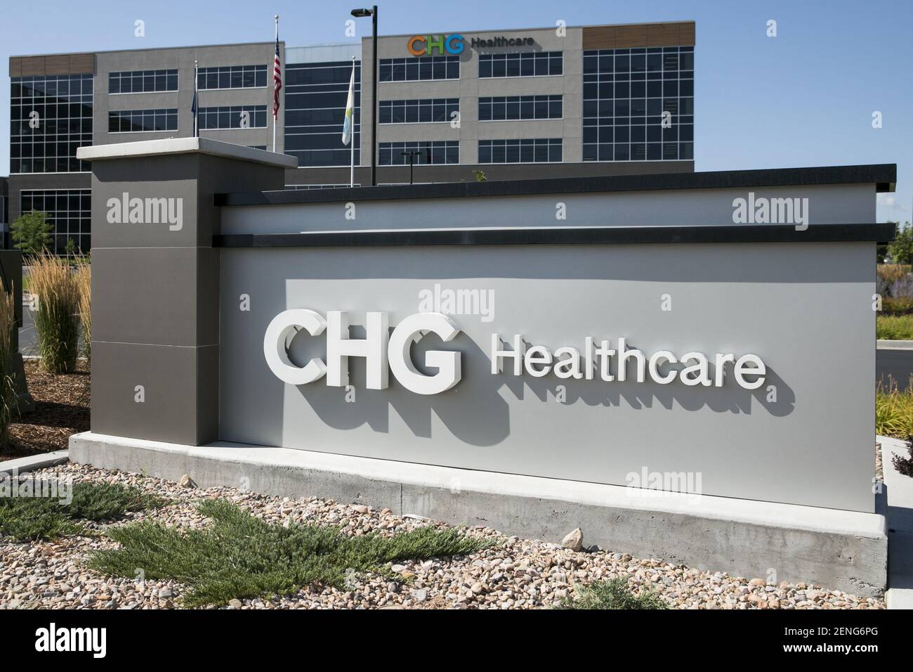 A logo sign outside of the headquarters of CHG Healthcare in Midvale ...