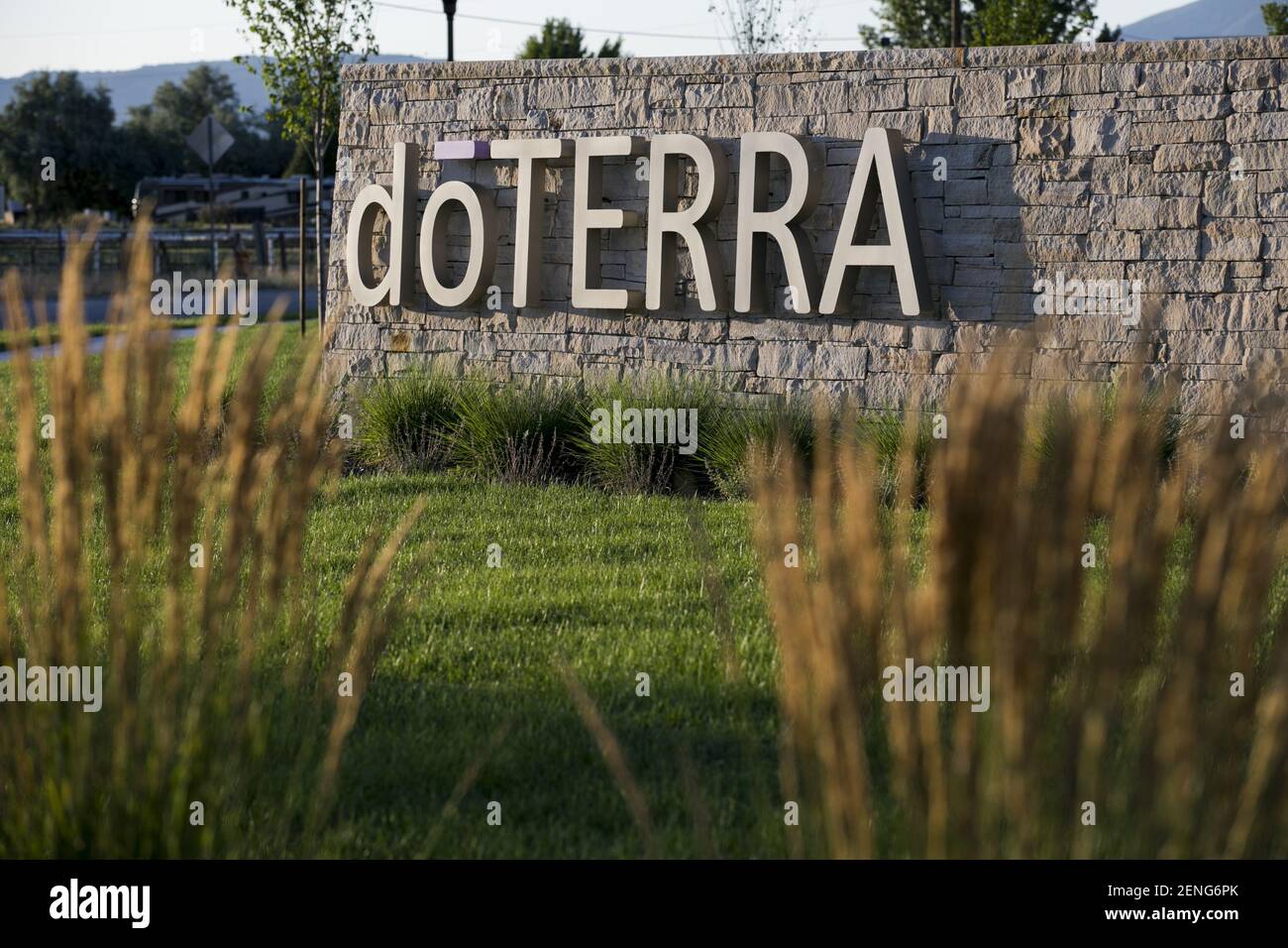 A logo sign outside of the headquarters of doTerra in Pleasant Grove ...