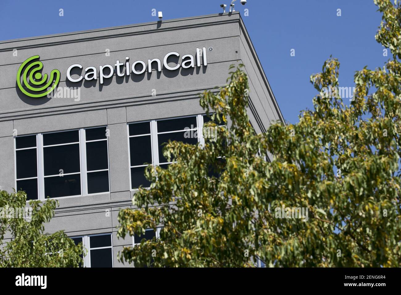 A logo sign outside of the headquarters of CaptionCall in Salt Lake ...