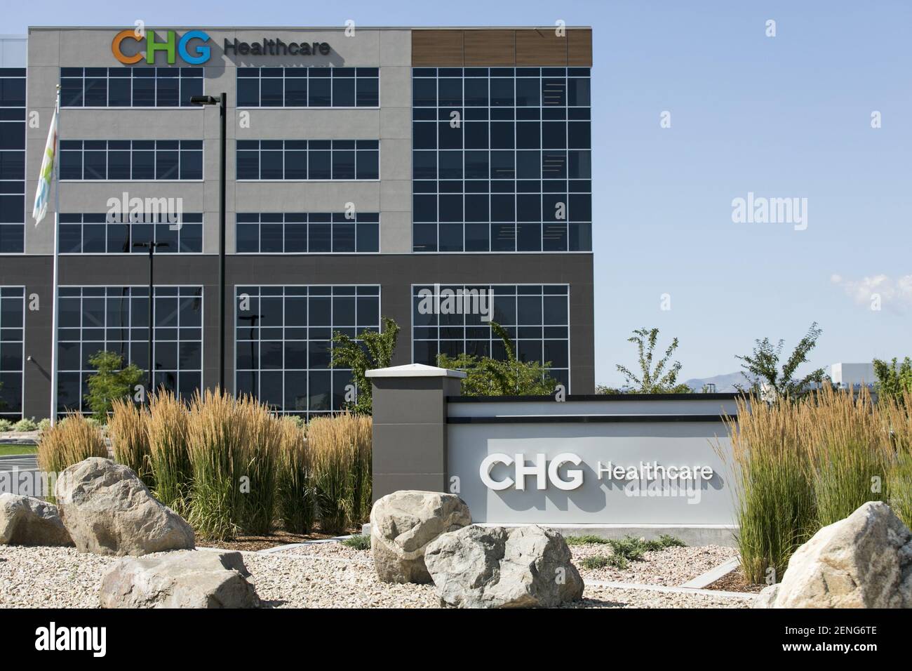 A logo sign outside of the headquarters of CHG Healthcare in Midvale ...