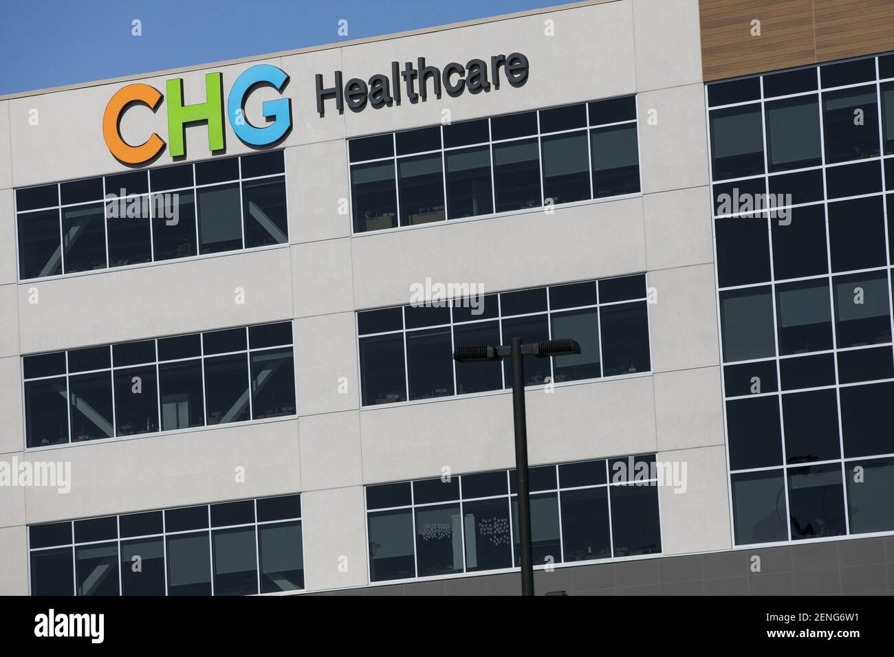 A logo sign outside of the headquarters of CHG Healthcare in Midvale ...