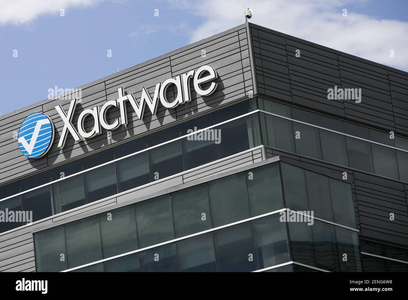 A logo sign outside of the headquarters of Xactware in Lehi, Utah on ...
