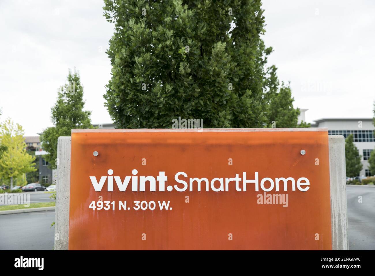 A logo sign outside of the headquarters of Vivint Smart Home in Provo ...