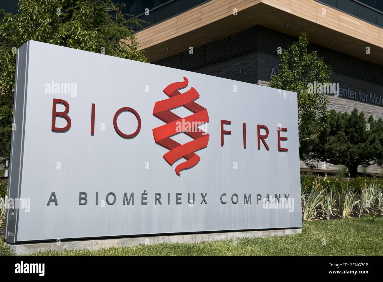 A logo sign outside of the headquarters of BioFire Diagnostics in Salt ...