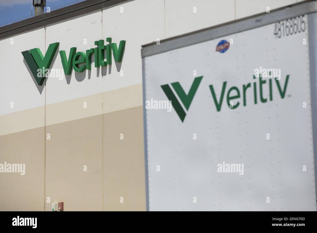 A logo sign outside of a facility occupied by the Veritiv Corporation ...