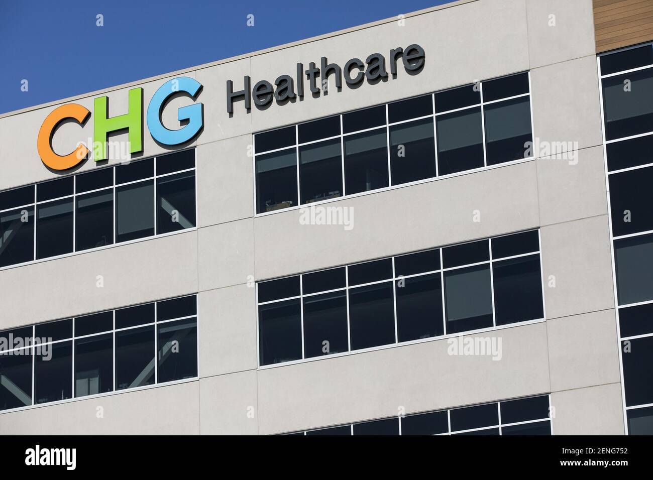 A logo sign outside of the headquarters of CHG Healthcare in Midvale ...