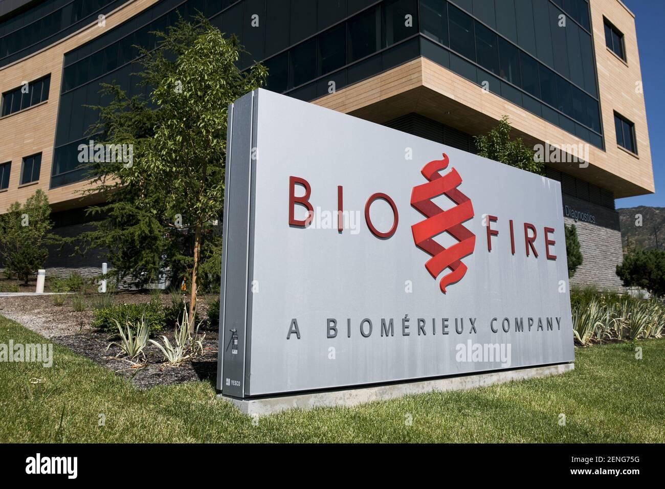 A logo sign outside of the headquarters of BioFire Diagnostics in Salt ...
