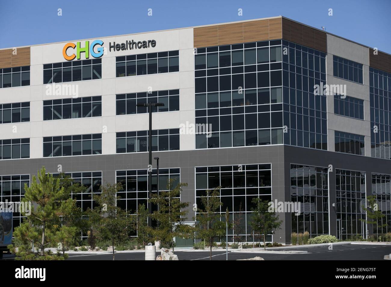 A logo sign outside of the headquarters of CHG Healthcare in Midvale ...