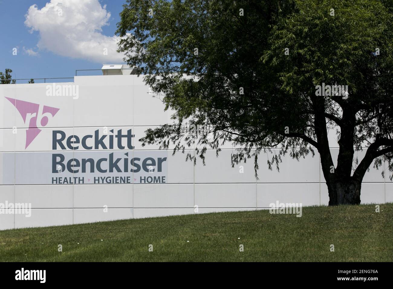 A logo sign outside of a facility occupied by the Reckitt Benckiser ...