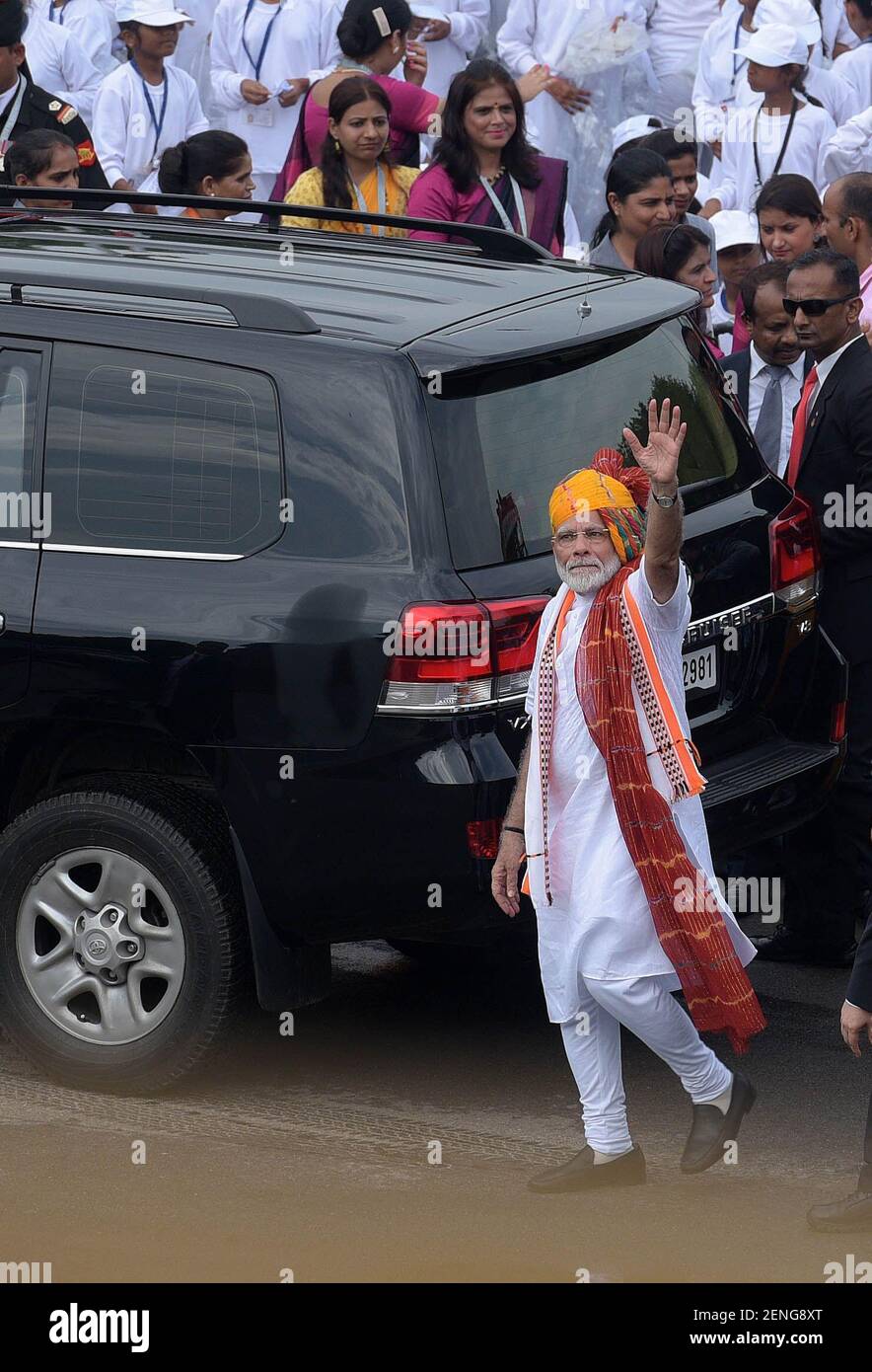 NEW DELHI, INDIA - AUGUST 15: Prime Minister Narendra Modi waves at the ...
