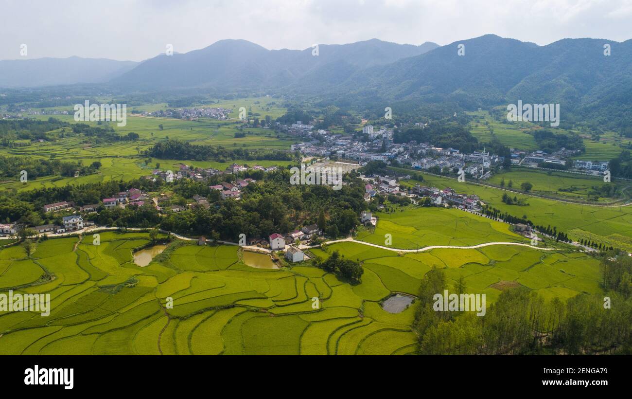 Anhui,CHINA-Aerial photo shows the autumn countryside in Yunling town ...