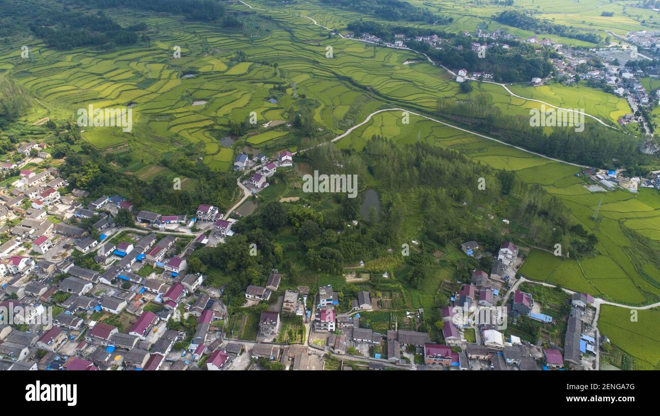 Anhui,CHINA-Aerial photo shows the autumn countryside in Yunling town ...