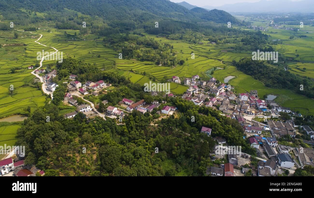 Anhui,CHINA-Aerial photo shows the autumn countryside in Yunling town ...
