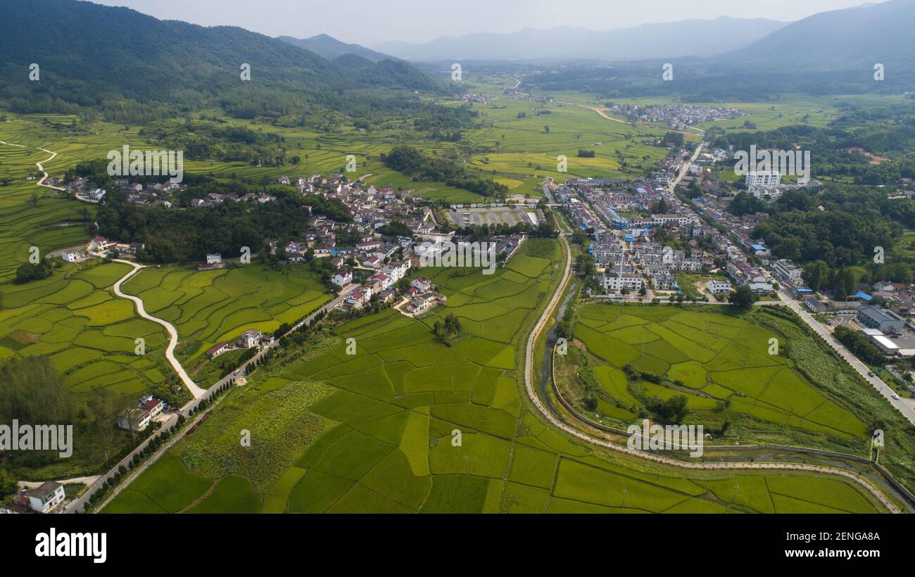 Anhui,CHINA-Aerial photo shows the autumn countryside in Yunling town ...