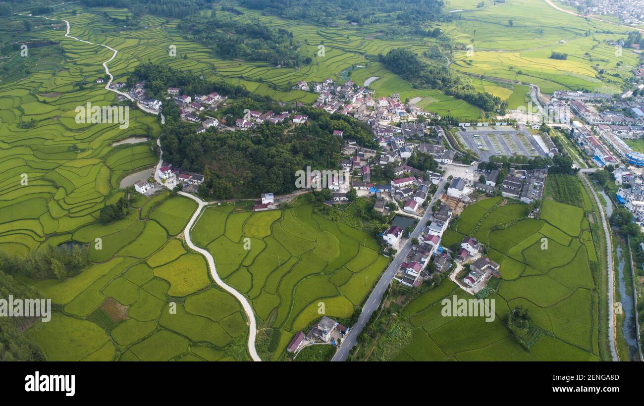 Anhui,CHINA-Aerial photo shows the autumn countryside in Yunling town ...