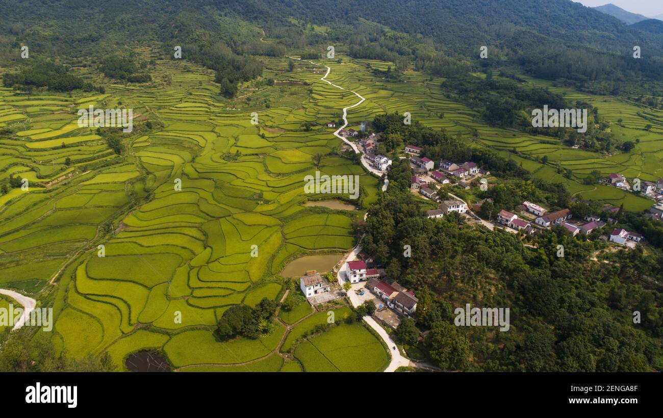 Anhui,CHINA-Aerial photo shows the autumn countryside in Yunling town ...