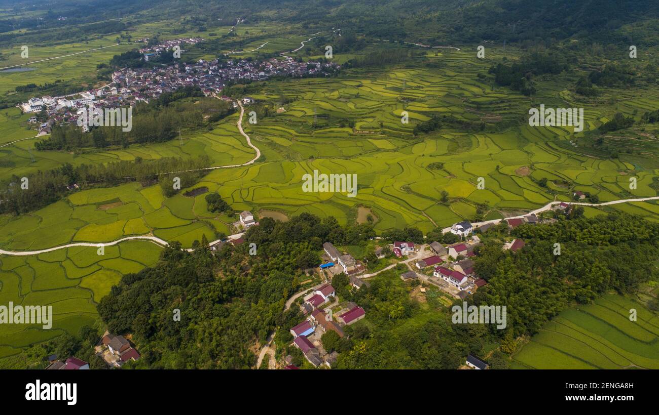Anhui,CHINA-Aerial photo shows the autumn countryside in Yunling town ...