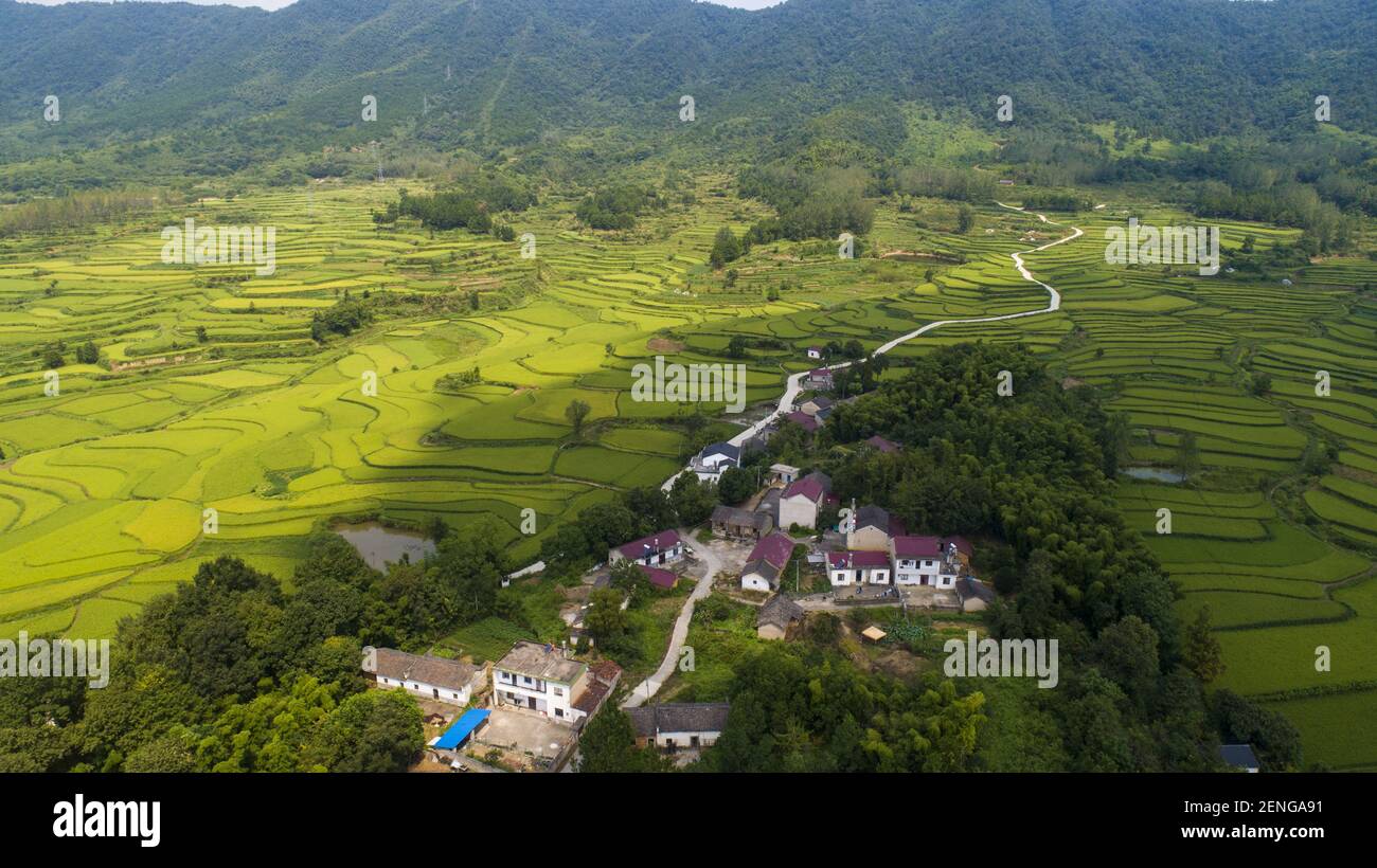 Anhui,CHINA-Aerial photo shows the autumn countryside in Yunling town ...