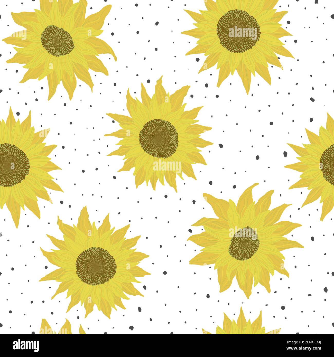 Seamless pattern with sunflowers on white background with polka dot ...