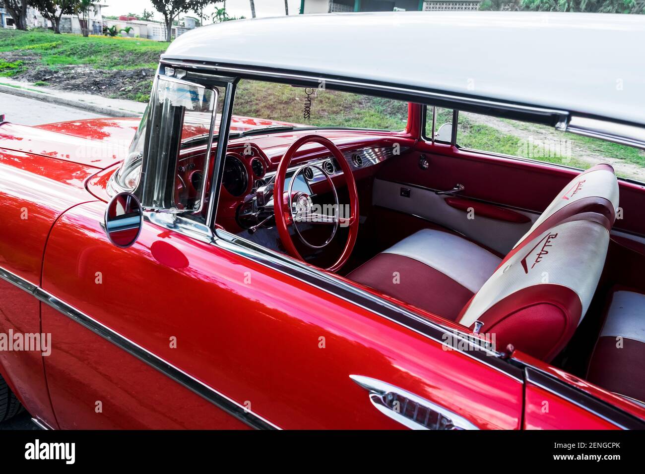 Close up of the inside of a classic 1957 red and white Bel Air ...