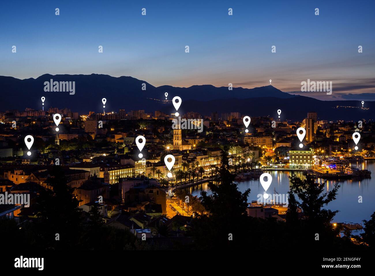 Map pin icons on Split cityscape. View of Split's historic Old Town and ...