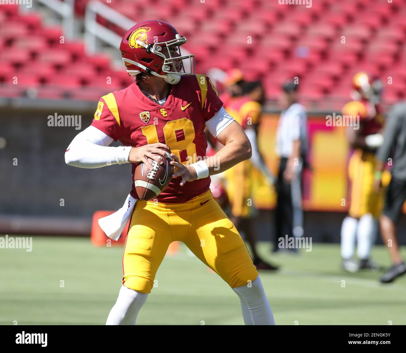USC Trojans quarterback JT Daniels (18) warms up during the USC Trojans ...