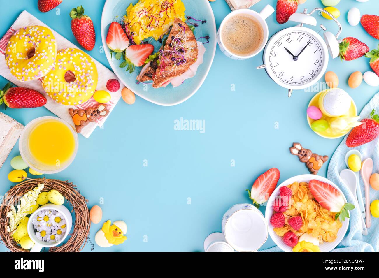 Easter breakfast on a bright background. Toast i whole wheat flour ...