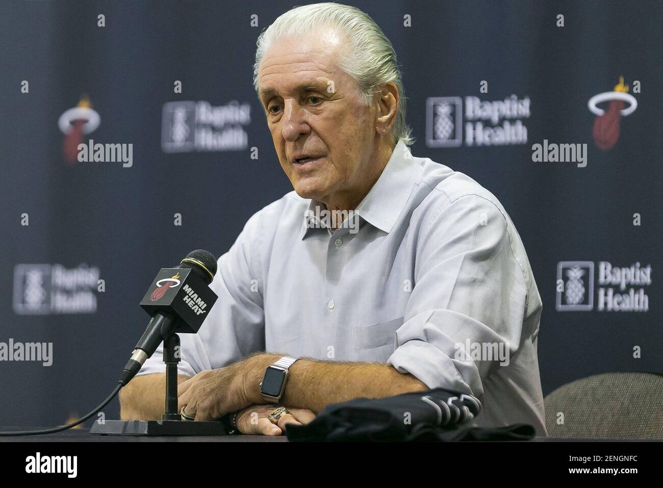 Miami Heat president Pat Riley speaks with members of the media during ...