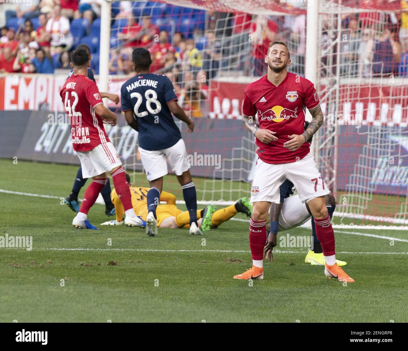 Daniel Royer (77) of Red Bulls reacts after missing goal during regular ...