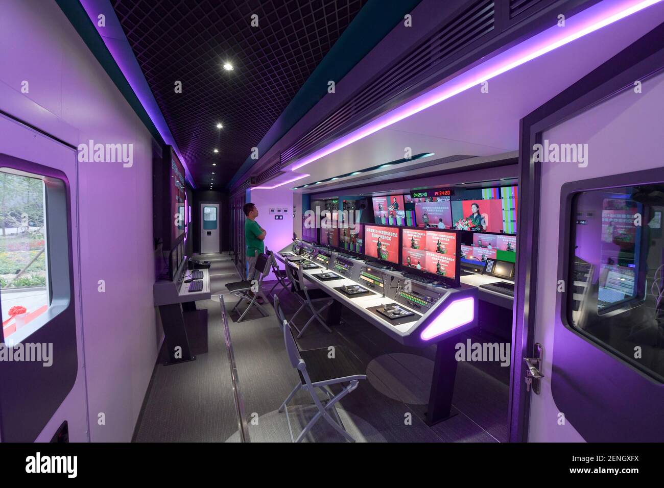 Interior view of China's self-designed broadcast van based on 5G and 8K ...